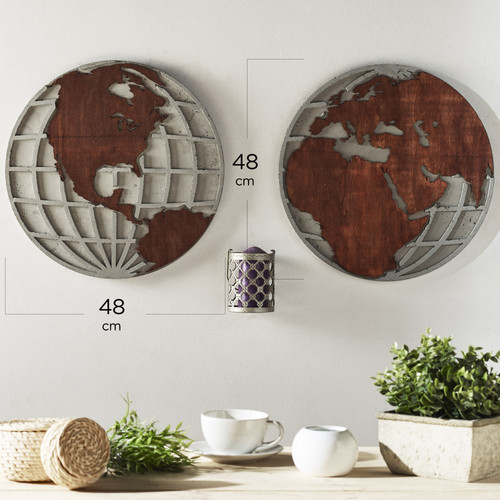 Welter wood and concrete world map, Set of 2 World map art | Hartvon
