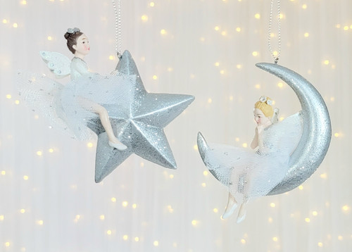 Kurt Adler 4" S/2 Silver White Little Fairy Moon Star Ornaments E0657