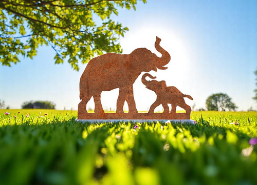 Mum and Baby Elephant Lawn Stake Ornament | Portland Steel