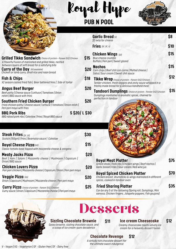 Menus | Royal Hype PubNPool
