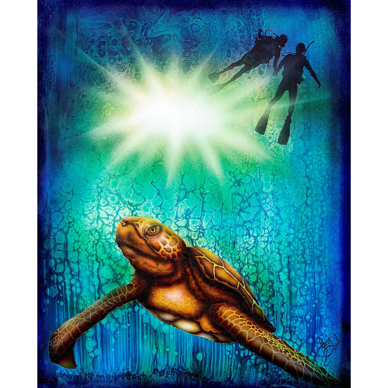 Scuba Divers & Sea Turtle Stretched Canvas | Marine Artwork by Greg Cassell