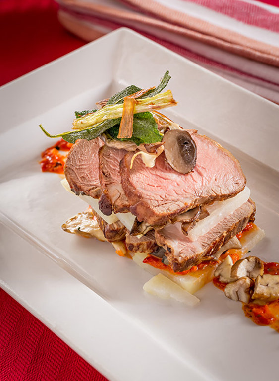 Oven-Roasted Veal Loin with Roasted Potato-Mushroom Stack