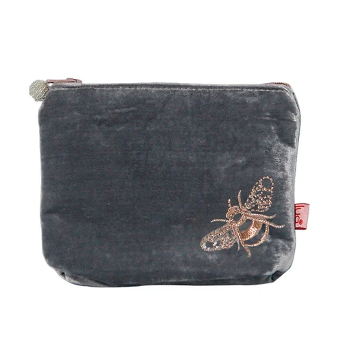 Lua Embroidered Bee Velvet Purse - Grey | Naturally Ethical