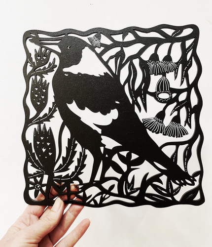 "Magpie with Grevillea's"" woodcut | Sue Codee