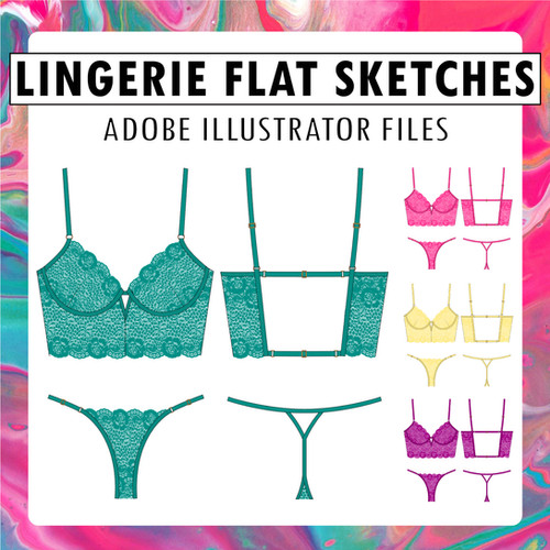 Lingerie Fashion CAD Sketch Drawing - Wire Lace Bra & G-String Thong | Moda Moxie