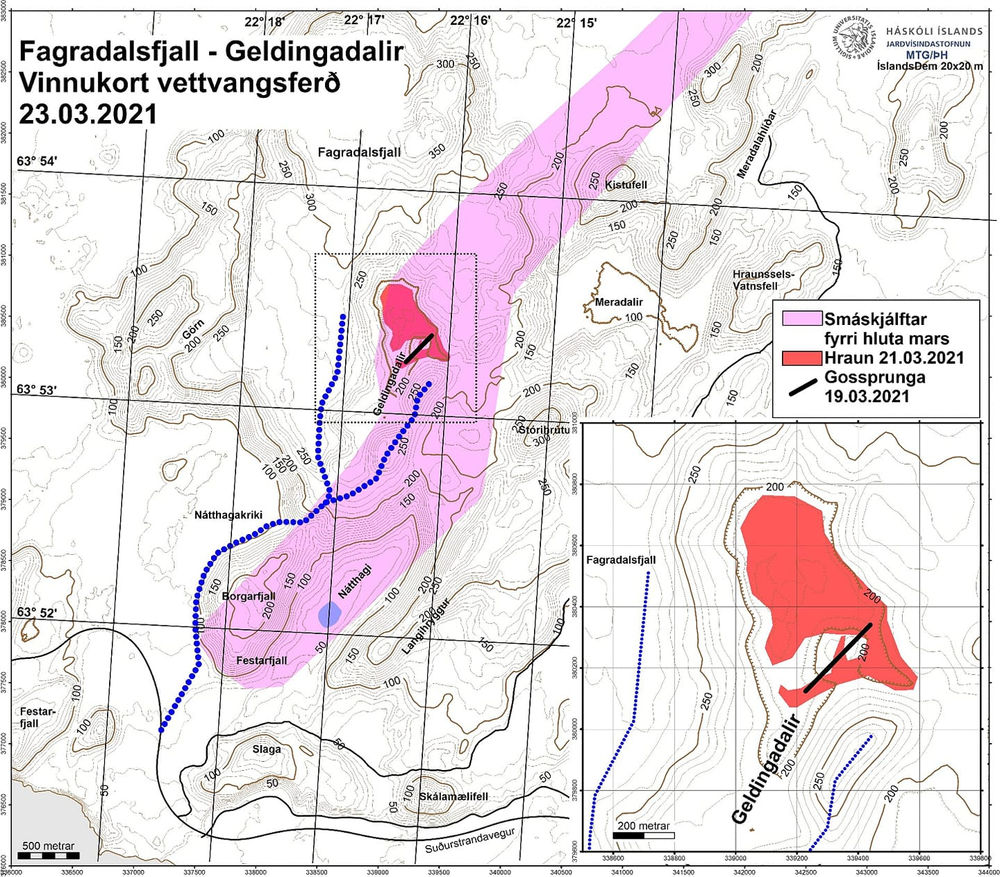 Map of eruption site with hiking route at Geldingadalur