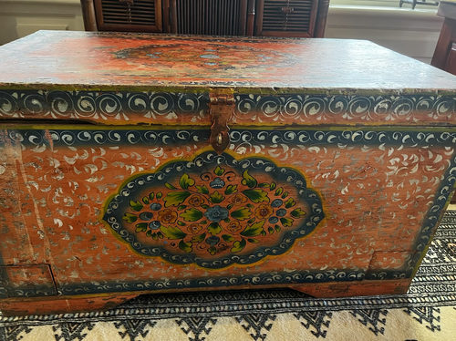 ANTIQUE INDIAN HAND PAINTED TEAK DOWRY CHEST | Georges Emporium