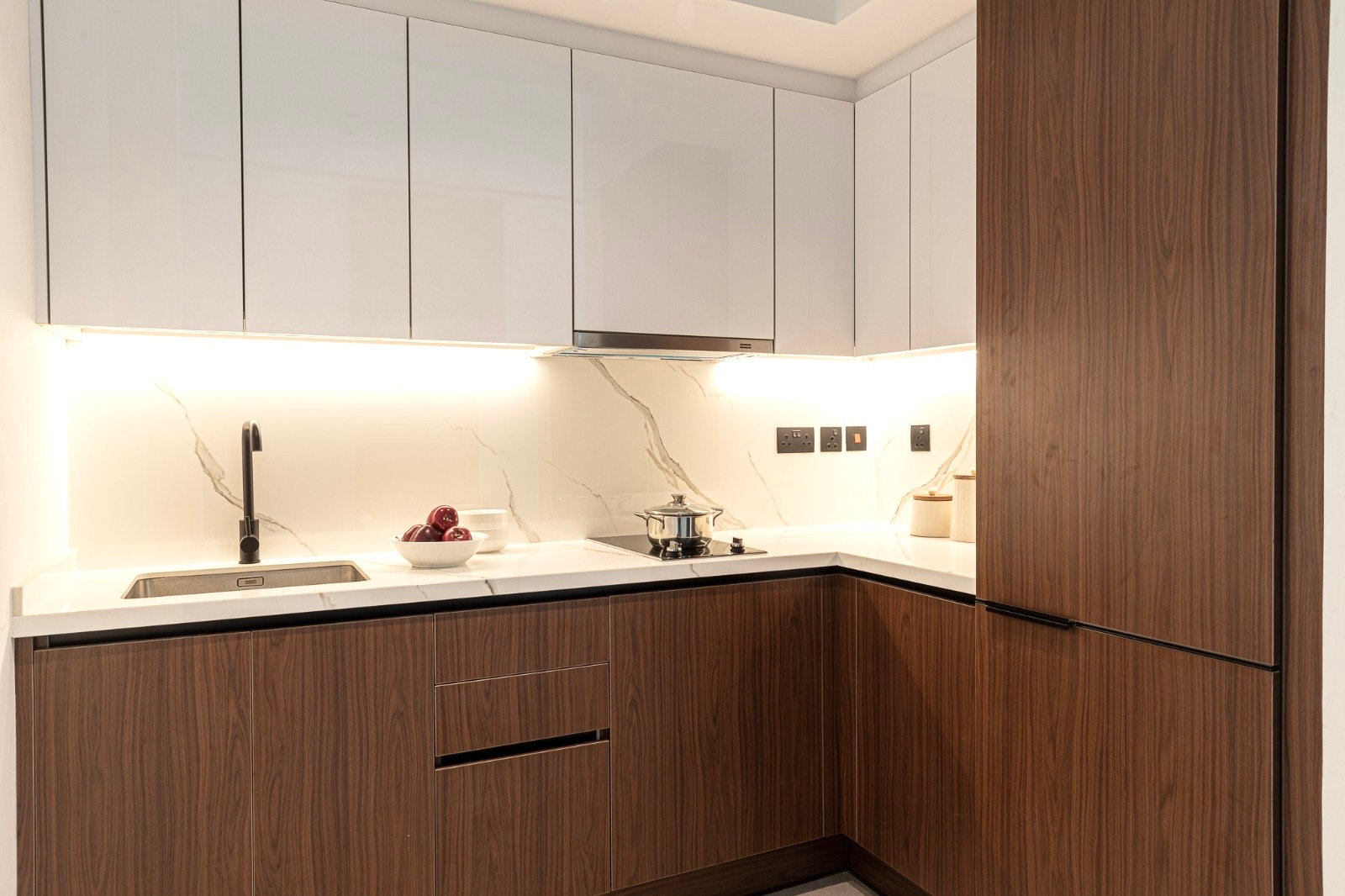 Modern HPL and Melamine Kitchenette with Porcelain Worktop and Cladding