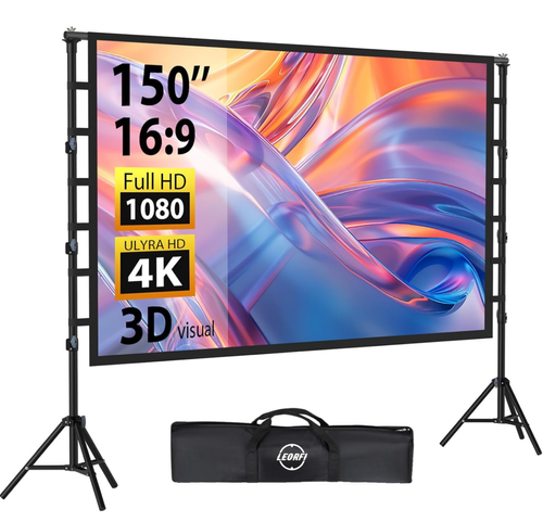 Projector Screen and Stand 150 Inch, LEORFI Outdoor Portable Projector ...