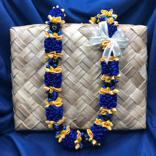 Royal Blue and Yellow Gold Kahili Kukui Ribbon Lei | My Site