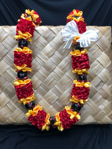 Scarlet with Gold Kahili Kukui Ribbon Lei | My Site