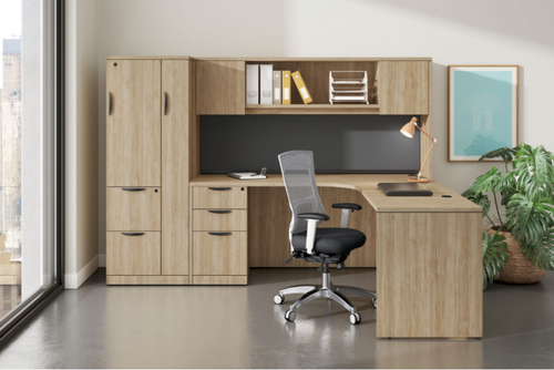 “L” Workstation with Wall Unit | Rosewood