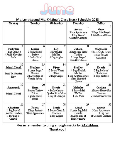 SNACK SCHEDULES | United States | Montessori Academy of Upland