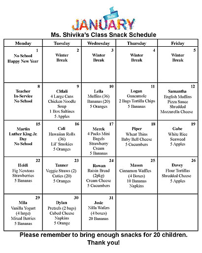 SNACK SCHEDULES | United States | Montessori Academy of Upland