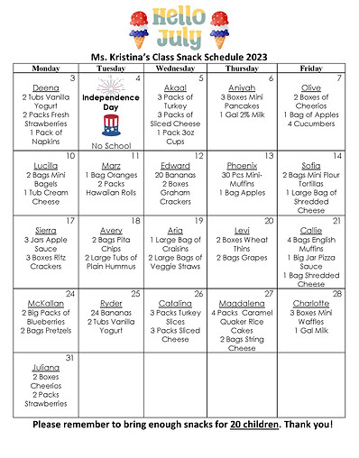SNACK SCHEDULES | United States | Montessori Academy of Upland