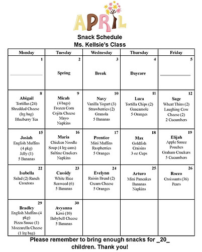 SNACK SCHEDULES | United States | Montessori Academy of Upland