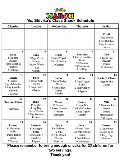 SNACK SCHEDULES | United States | Montessori Academy of Upland