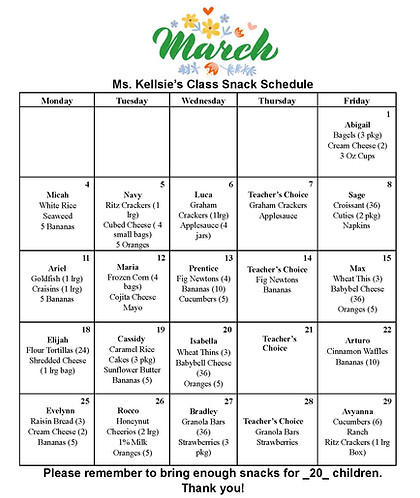 SNACK SCHEDULES | United States | Montessori Academy of Upland