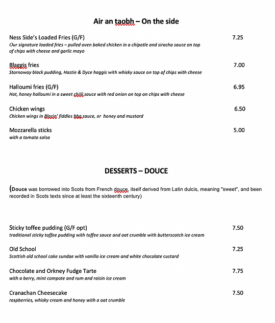 Inverness Main Menu | MacGregor's Bars