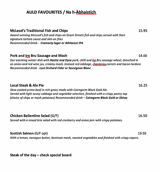 Inverness Main Menu | MacGregor's Bars