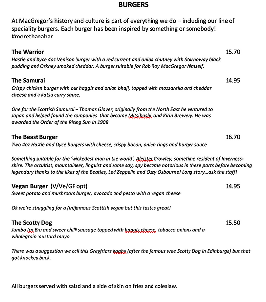 Inverness Main Menu | MacGregor's Bars