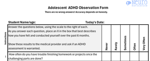 Adolescent ADHD Observation Form.....$5 | Neuro Navigation