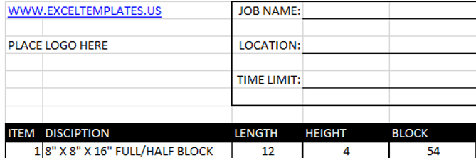 Masonry Estimating Sheets