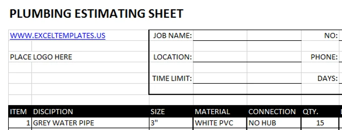 Plumbing Estimating Sheets