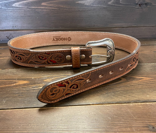 MENS HOOEY BELT "TOP NOTCH" HAND TOOLED HOOEY RED INLAY | HC Clothing