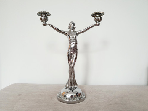 Lorenzl Chrome Lady Candelabra | Anna's Art Deco