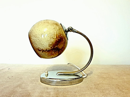 Chrome Crescent Lamp with Cream & Brown Shade | Anna's Art Deco