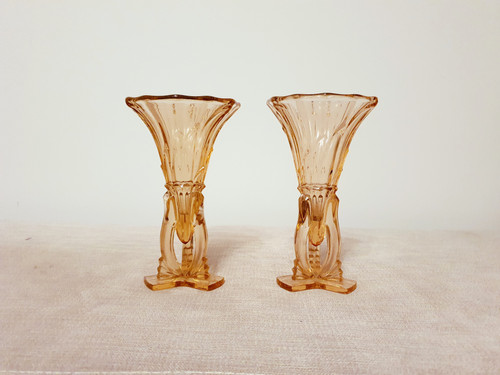 Pair of Rosice Pink Glass Rocket Vases | Anna's Art Deco