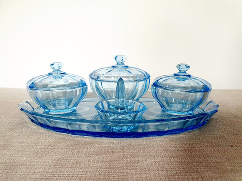 Blue Glass Dressing Table Set | Anna's Art Deco