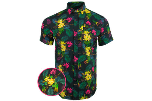 Retro Rifle Button Down Shirt Tropics Yellow Black | battlerattle