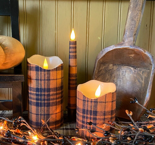 Autumn Orange Plaid Pillar & Taper Candles | N.E. Country Barn