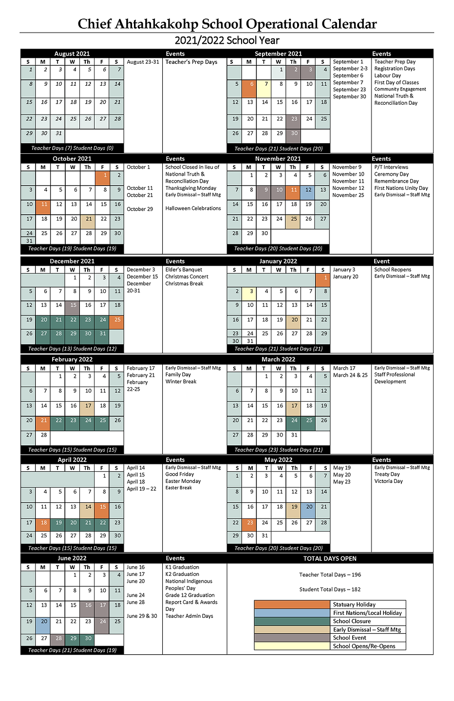 Operational calendar | Ahtahkakoop School