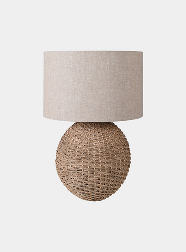 Round Rattan Table Lamp with Linen Shade | BoxwoodHomeInteriors