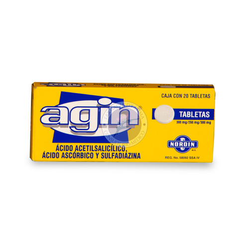 Agin (acido acetisalicilico, acido ascorbico, sulfaduazina) 20 tabletas ...