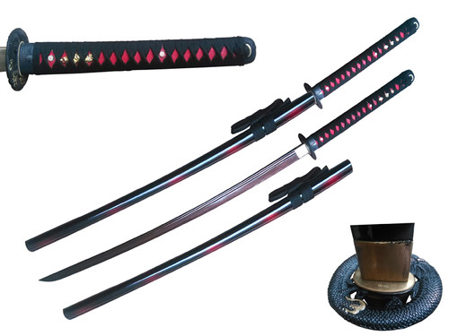 41" 1045+1060 Red Damascus blade, Black wrap red ray skin handle ...