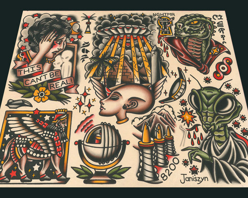 Sheet #1 Alien / Ufo Traditional Tattoo Flash Print (11x14) | My Site