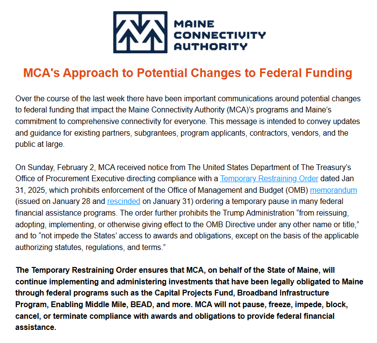 MCA's Approach to Potential Changes to Federal Funding | Maine Connectivity