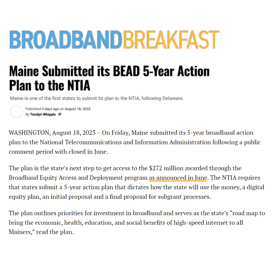 Maine Submitted its BEAD 5-Year Action Plan to the NTIA | Maine ...