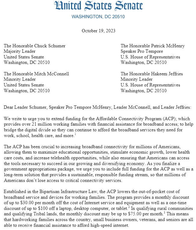 Letter from 32 U.S. Senators Calling for Extended ACP Funding | Maine ...