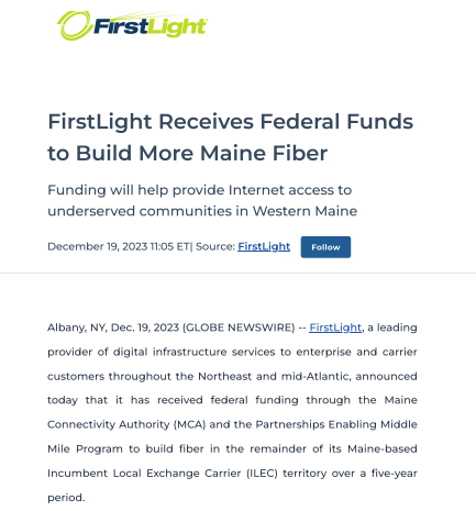 FirstLight Receives Federal Funds to Build More Maine Fiber | Maine ...