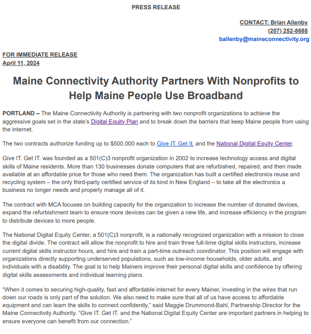 Press Release: Maine Connectivity Authority Partners With Nonprofits to ...