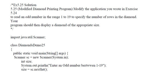 Ex5.25 Solution Java (Modified Diamond Printing Program) | javaonlinehelp