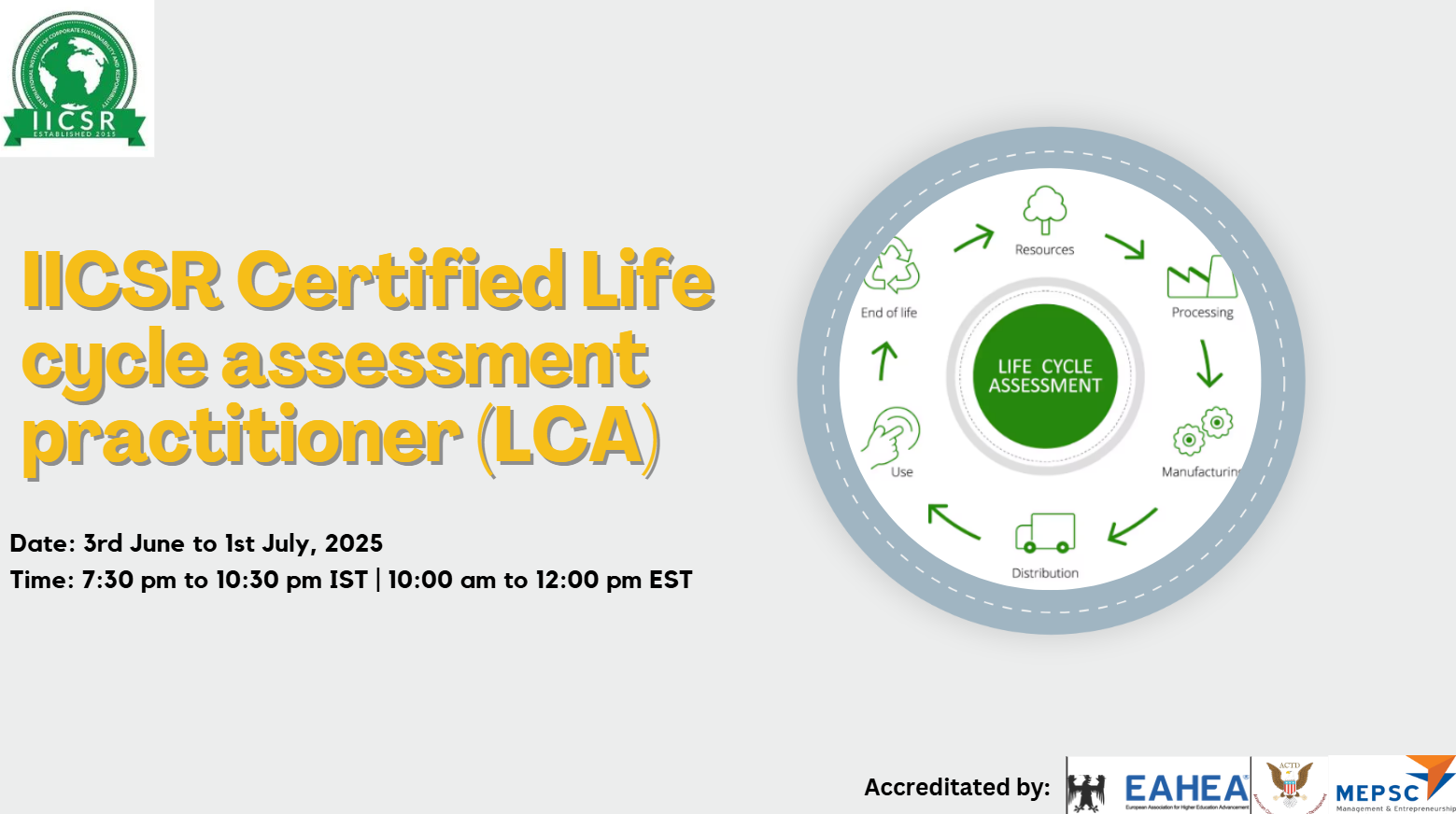 IICSR Certified Life cycle assessment practitioner (LCA) (Batch-3) (3rd June to 1st July, 2025 ...