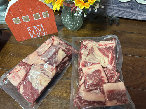 1 pack of “BONELESS SHORT RIB CUBES $24 lb 1.5 LBS | Harvest Gathering