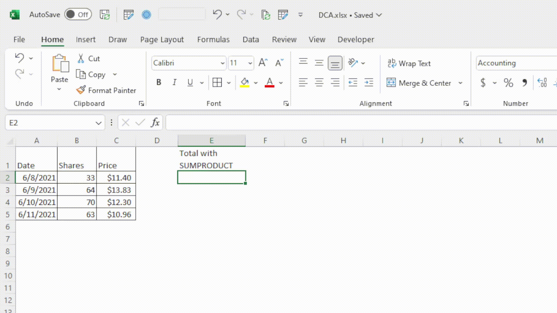 Dollar Cost Average DCA Formula In Excel