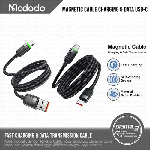 MCDODO Magnetic Cable Data USB Type C CA-5650 / CA-2000 Self-Winding 6A 100W | Digital 3 Store